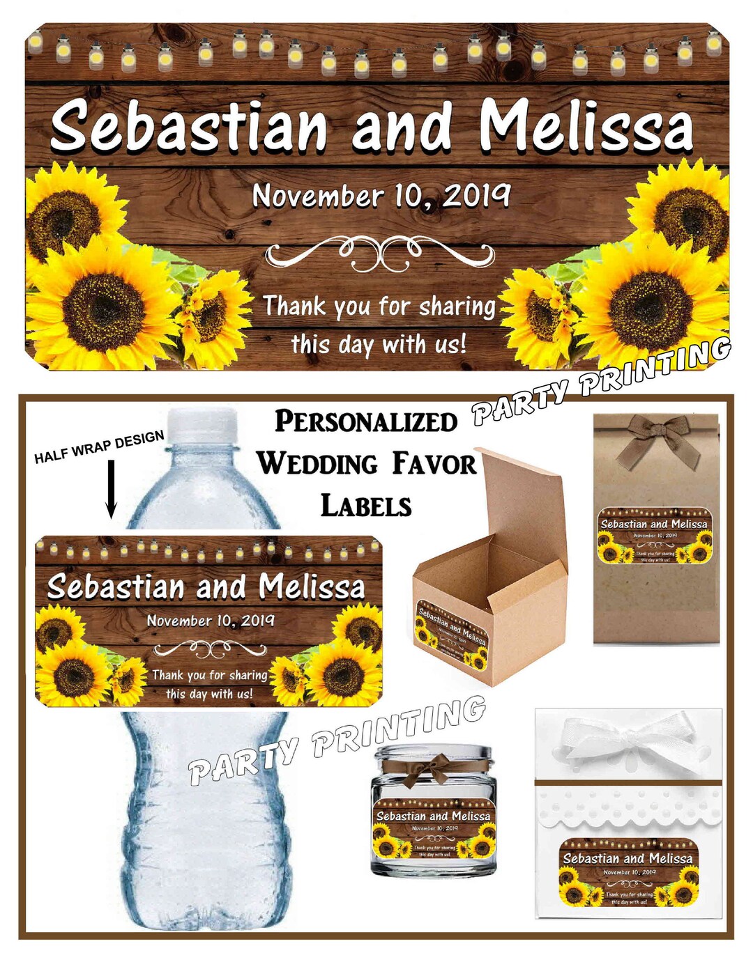 Rustic Sunflower Wedding Favors Labels Wood Design WE PRINT & SHIP - Etsy