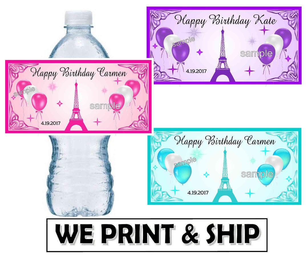 PARIS BIRTHDAY PARTY Favors Water Bottle Labels Glossy Eiffel Tower ...