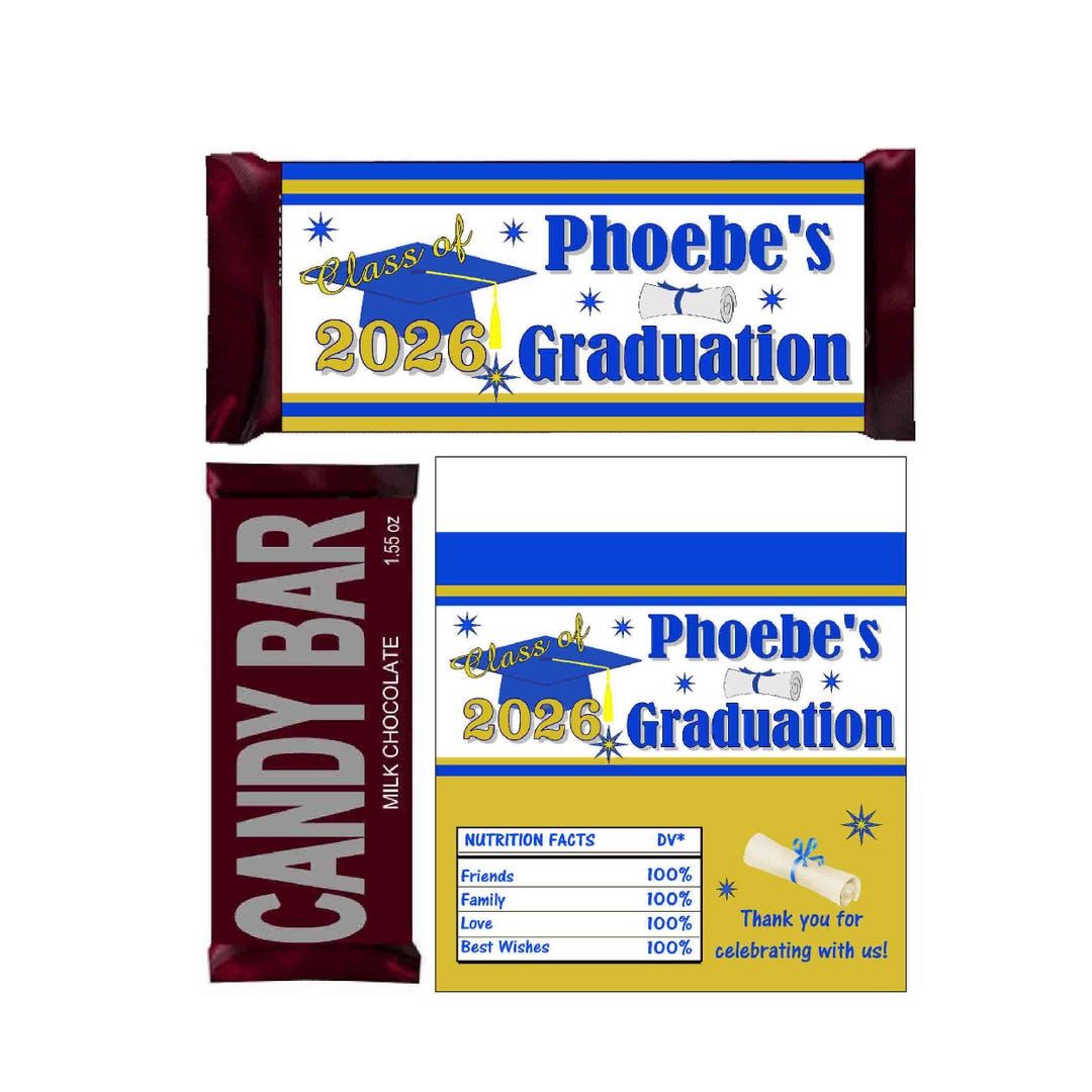 BLUE AND GOLD Graduation Party Favors Chocolate Bar Candy Bar Wrappers ...