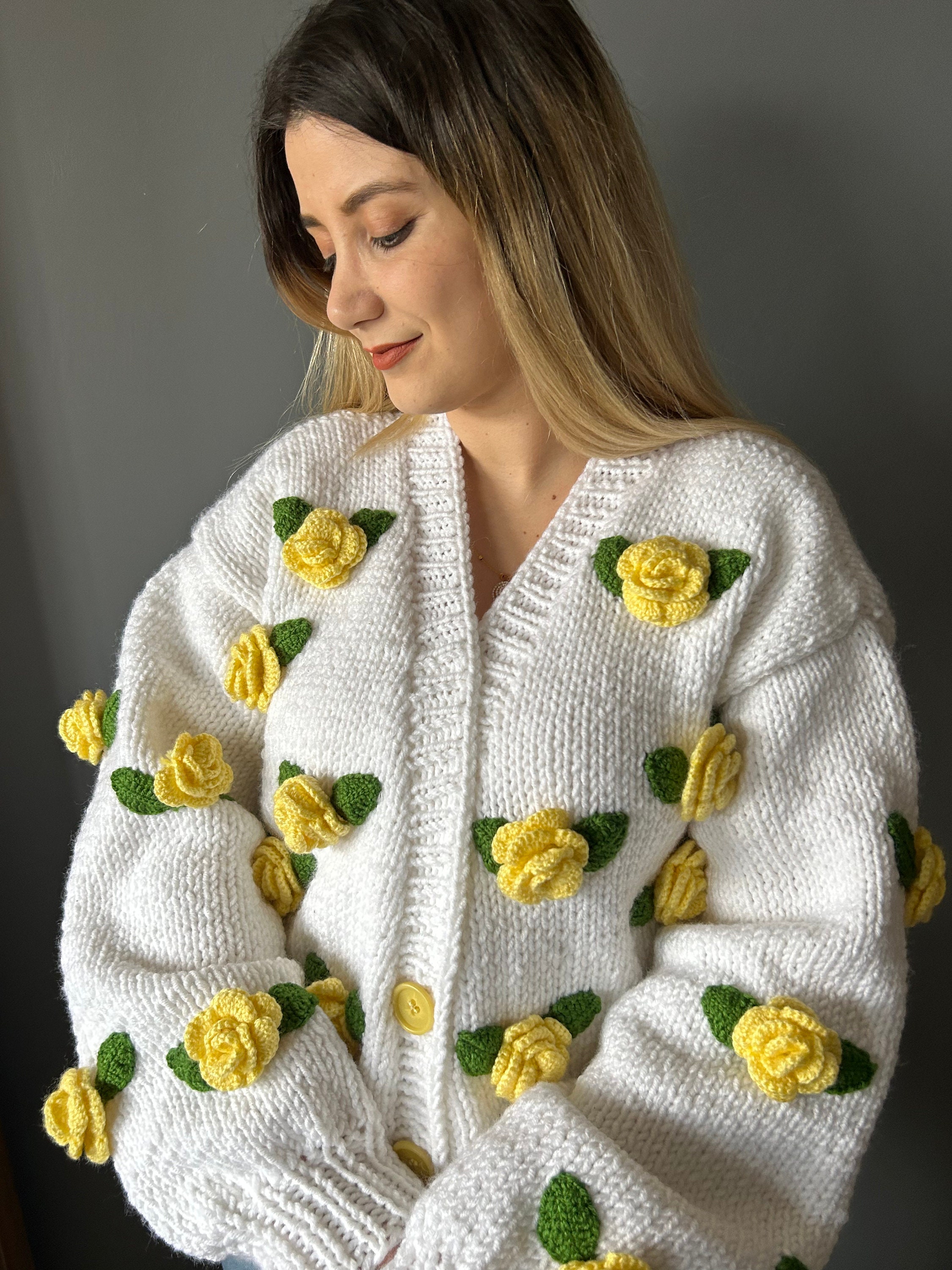 Yellow Roses Cardigan , Chunky Cardigan for Woman , White Sweater With ...