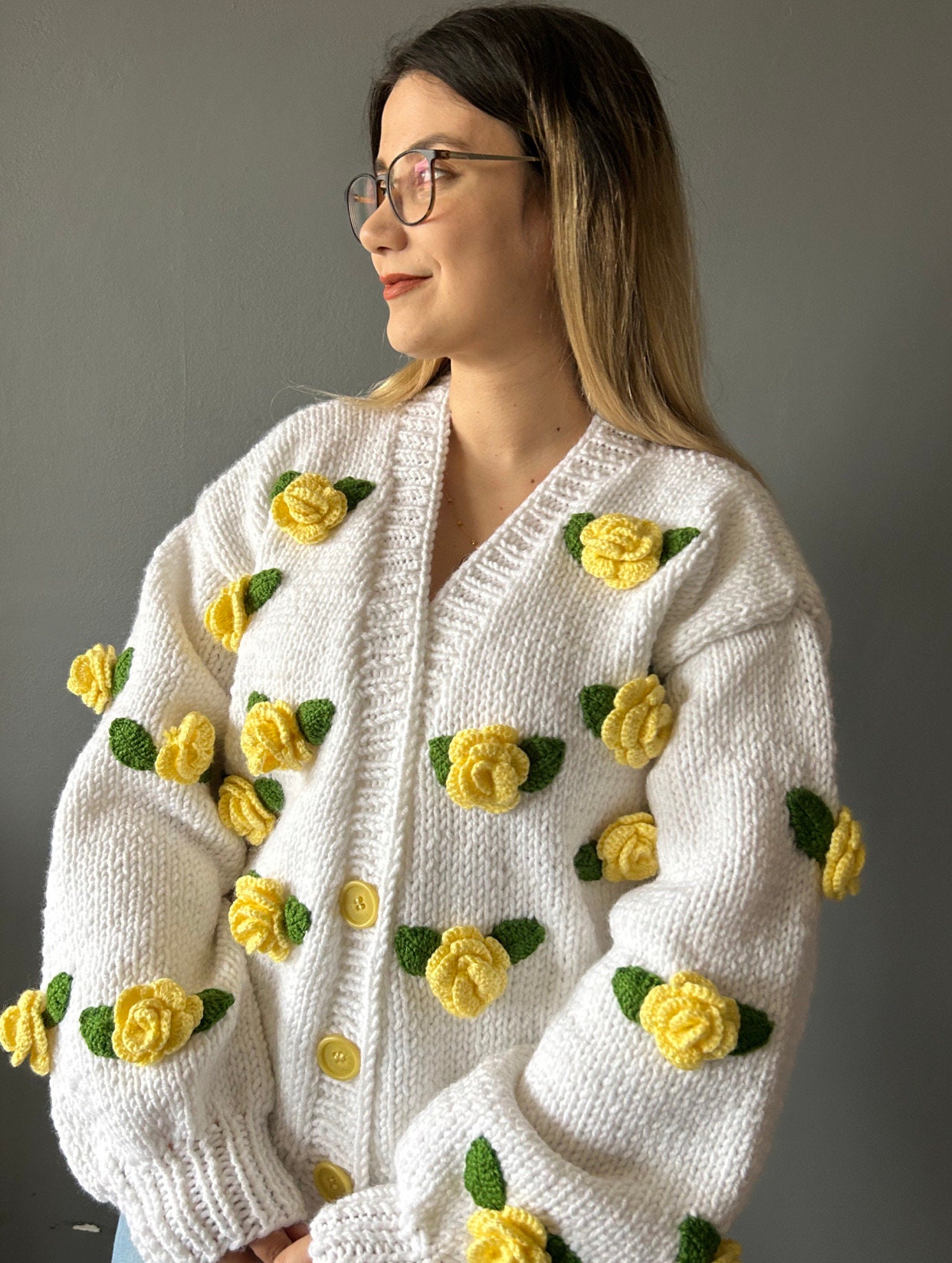 Yellow Roses Cardigan , Chunky Cardigan for Woman , White Sweater With ...