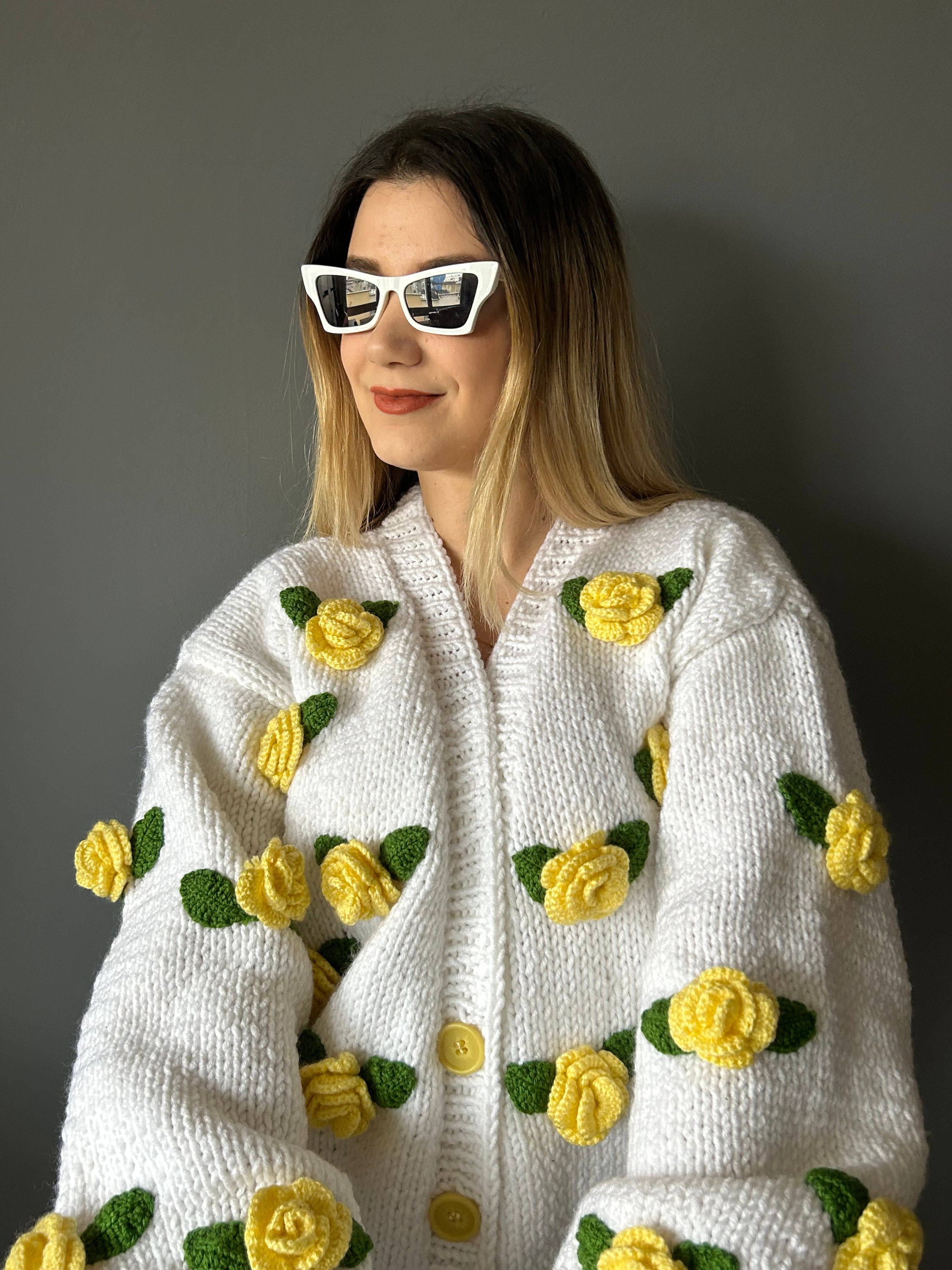 Yellow Roses Cardigan , Chunky Cardigan for Woman , White Sweater With ...