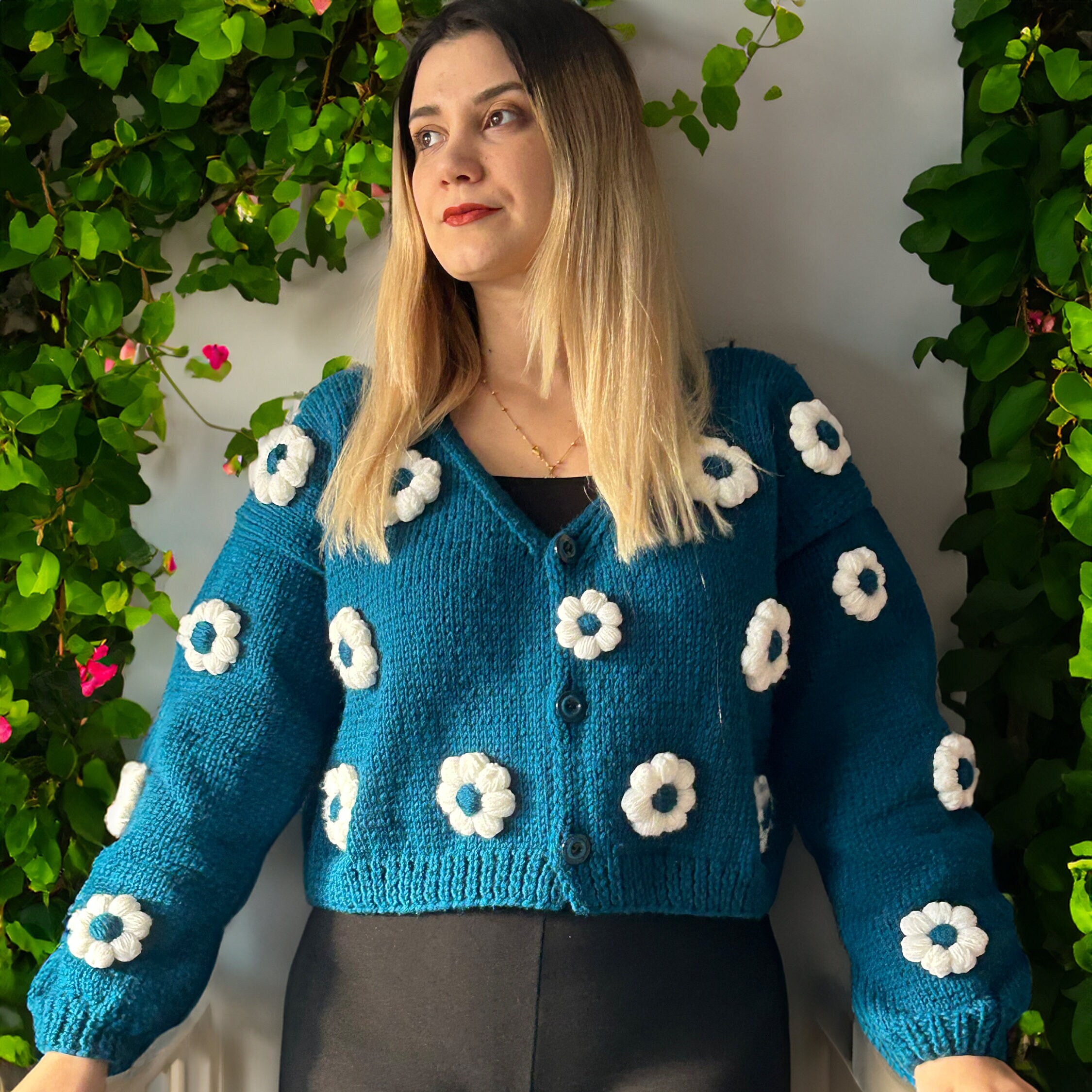 Navy Blue Daisy Cardigan , Chunky Cropped Cardigan for Woman , Navy ...