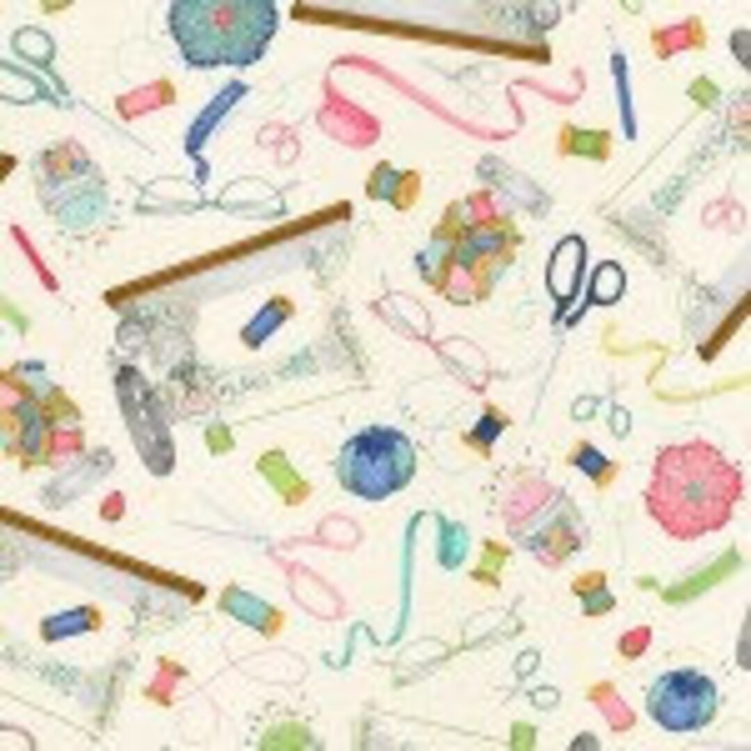 Sew Little Time Overall Sewing Print Tossed on Cream Background by ...