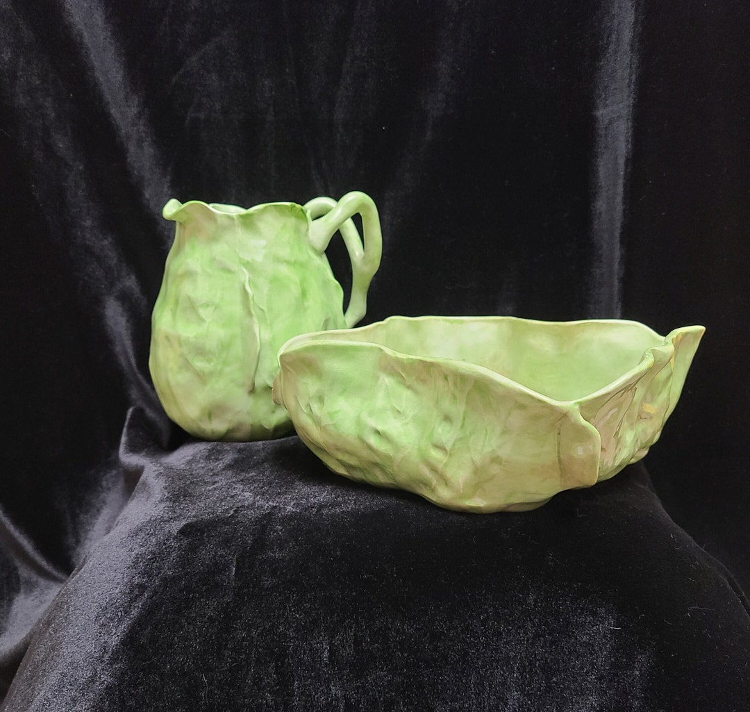 Scarce Antique Wannopee Lettuce Leaf Majolica Pitcher and Bowl (C. 1901 ...