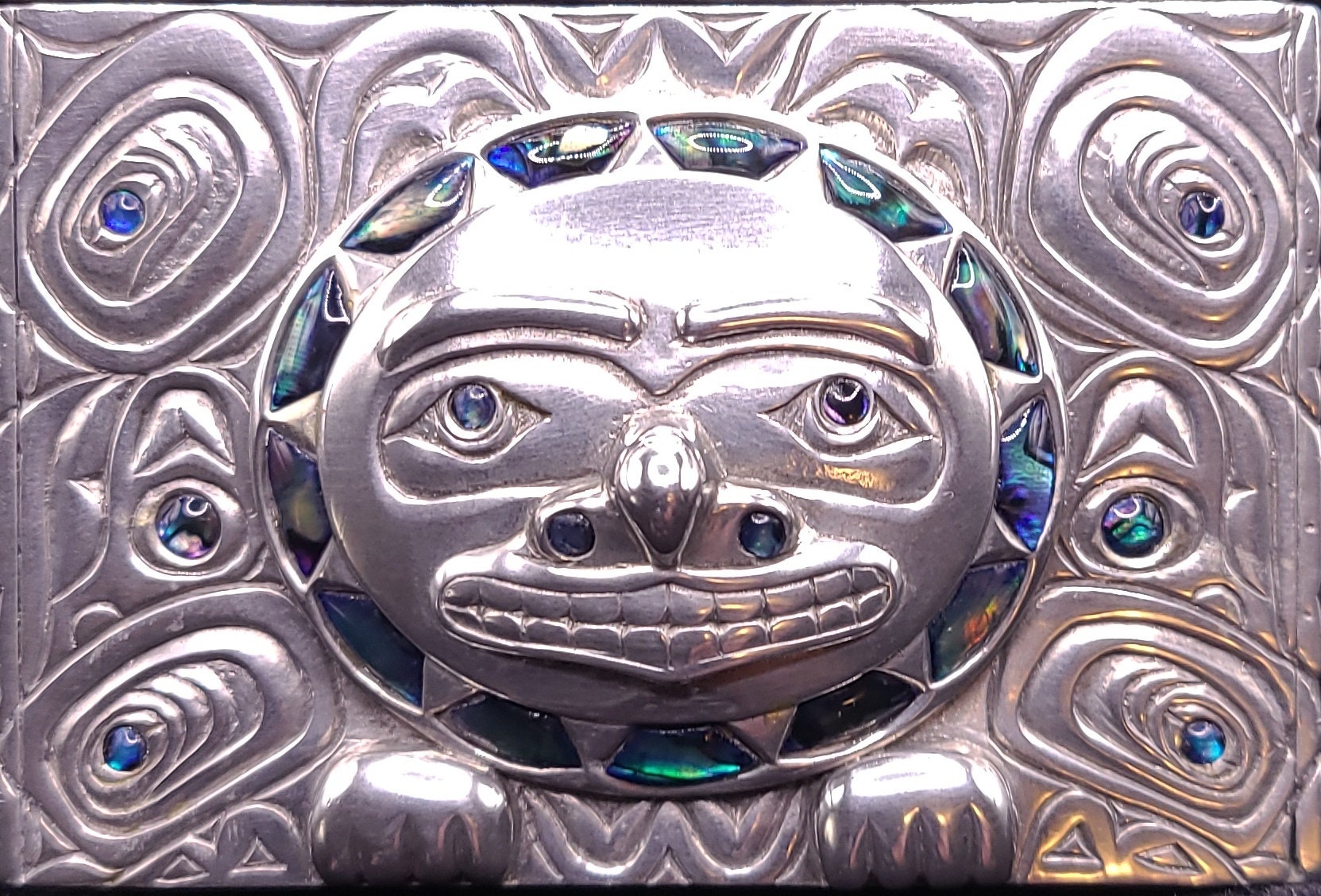 First Nations, Salish Tribe, Abalone Inlaid Sun, Bear, Owl Bentwood ...