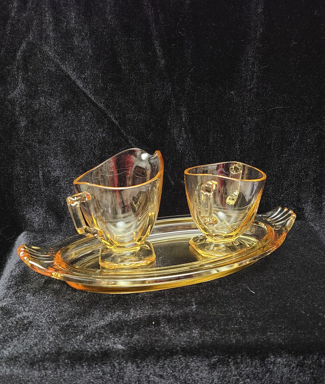 Fostoria Topaz Federal Depression Glass Creamer, Sugar Bowl, and Tray ...