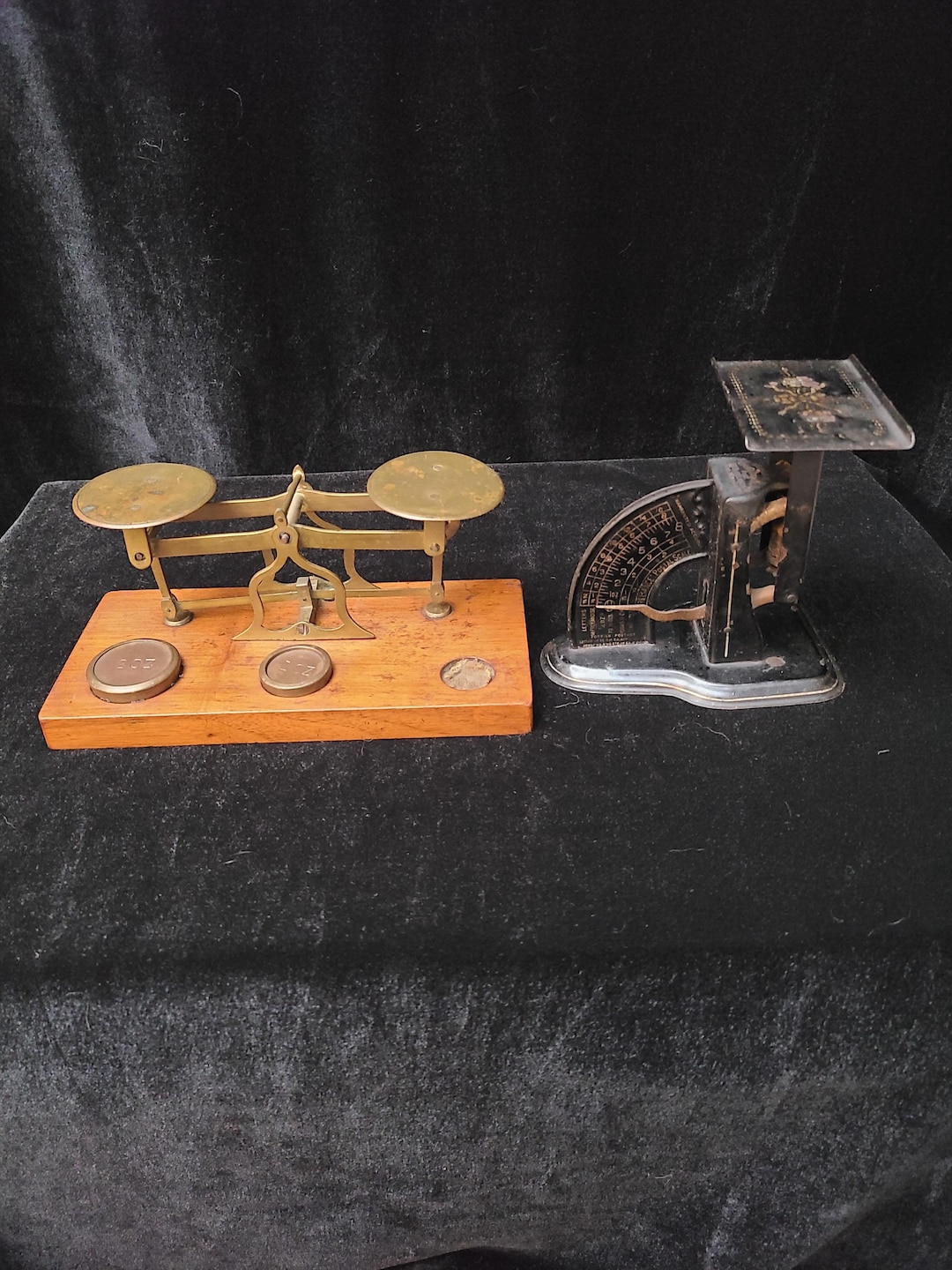 2 Antique Postal Scales - Oak and Brass and Pressed Steel (c. 1880-1920 ...