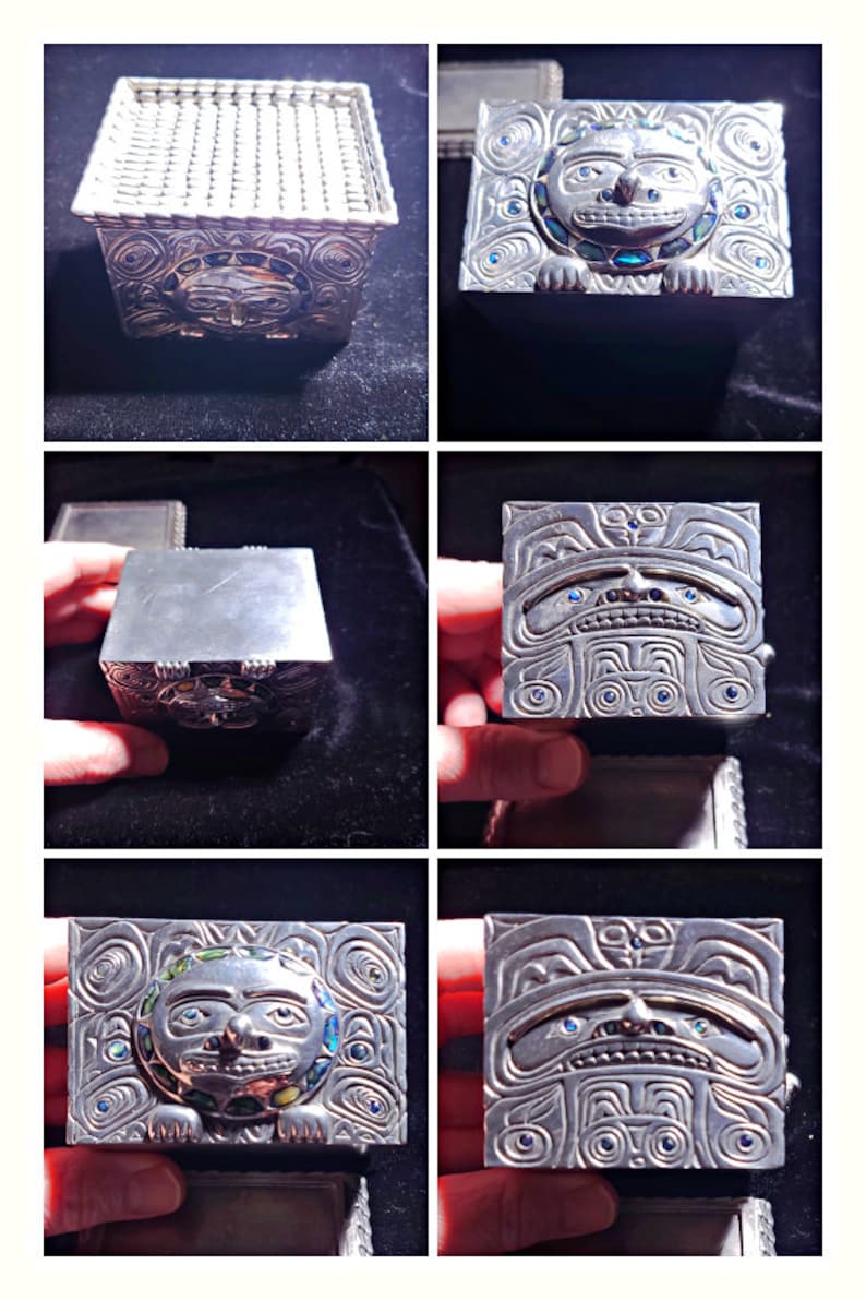 First Nations, Salish Tribe, Abalone Inlaid Sun, Bear, Owl Bentwood ...