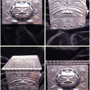 First Nations, Salish Tribe, Abalone Inlaid Sun, Bear, Owl Bentwood ...