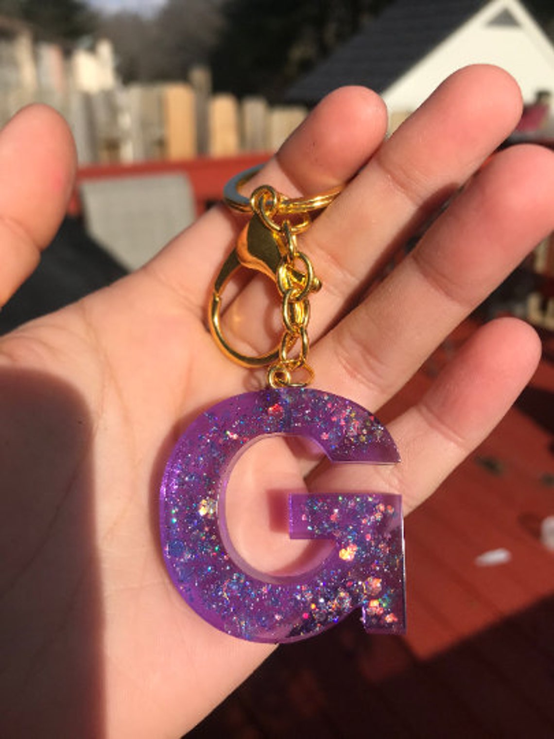 Custom Handmade Purple Resin Letter Keychain With Gold Glitter Gold ...