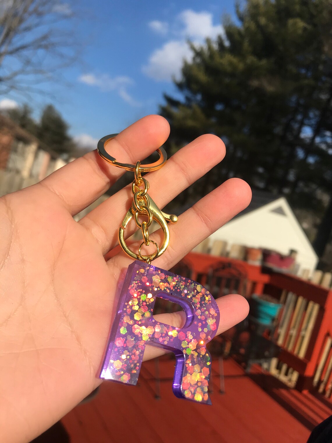 Custom Handmade Purple Resin Letter Keychain With Gold Glitter Gold ...