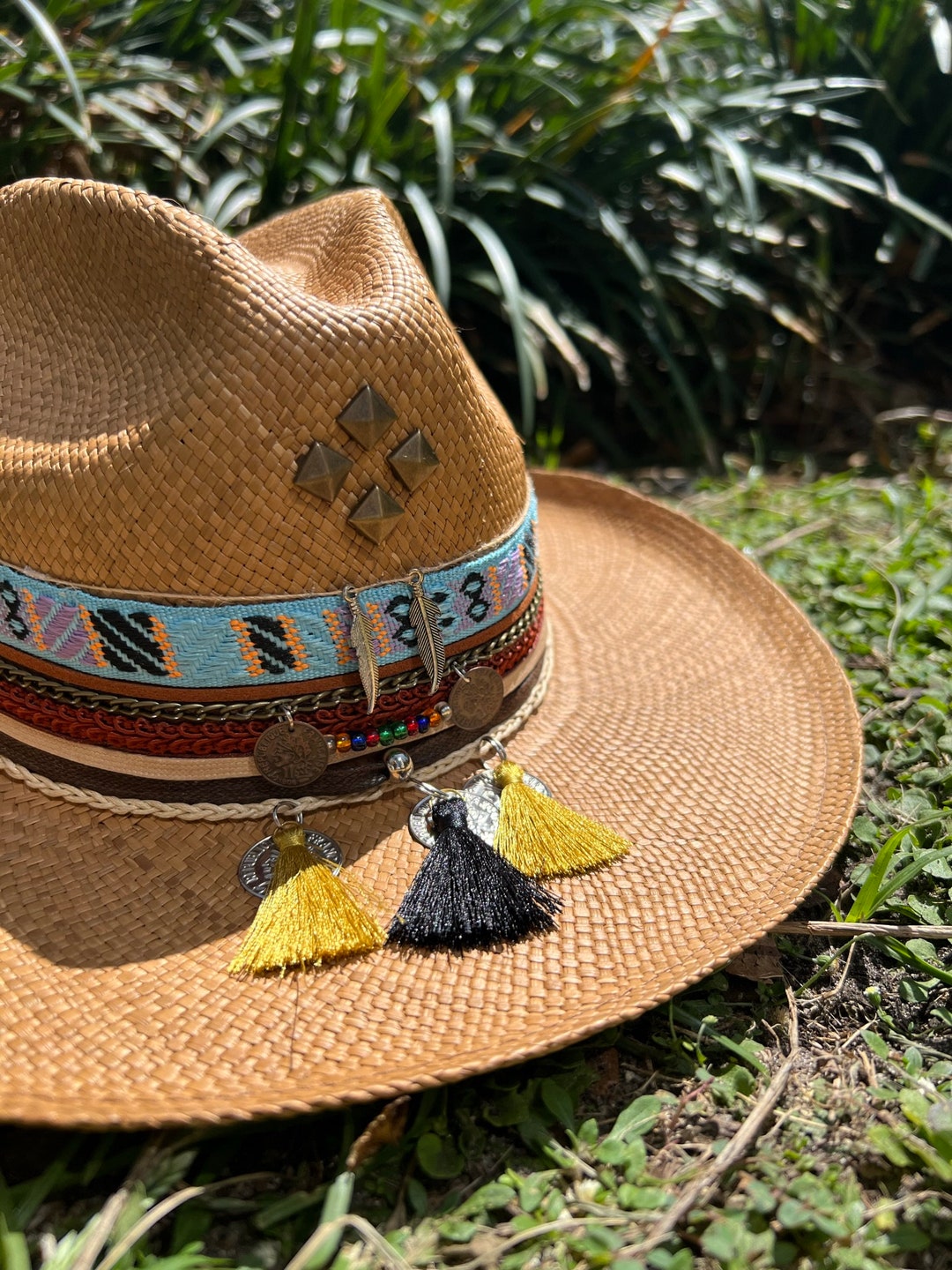 Colombian Handmade Hat, Feather Reference Brown Straps, Colorful Summer ...