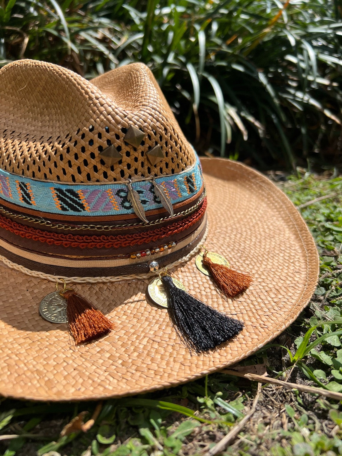 Colombian Handmade Hat, Feather Reference Brown Straps, Colorful Summer ...