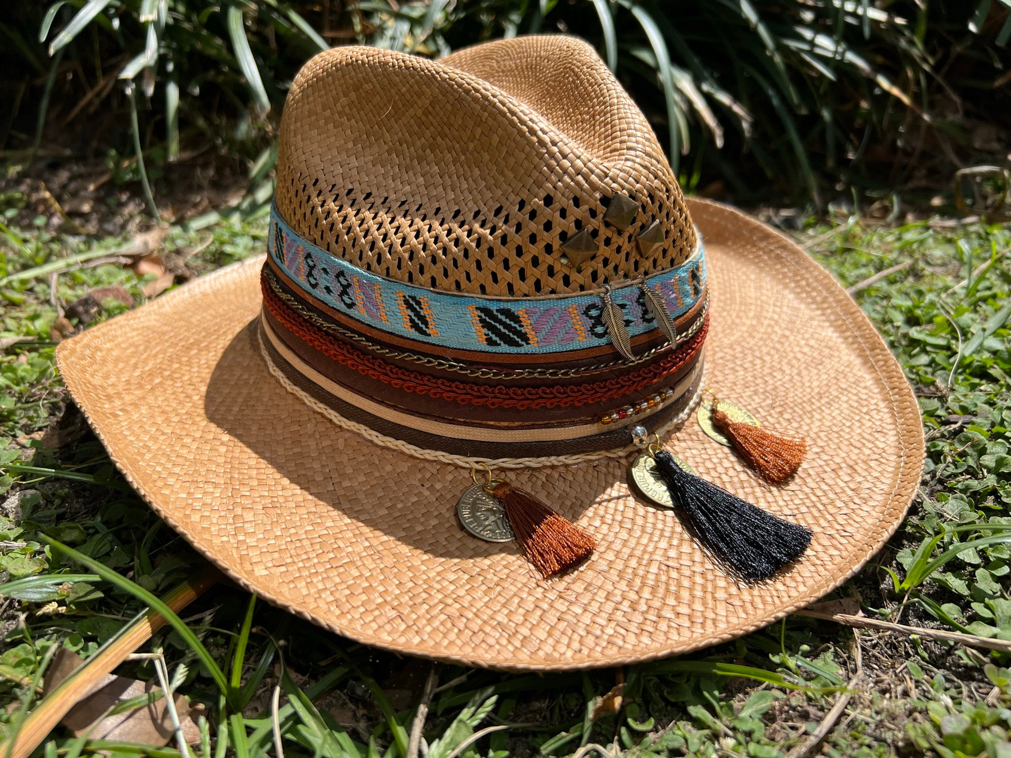 Colombian Handmade Hat, Feather Reference Brown Straps, Colorful Summer ...