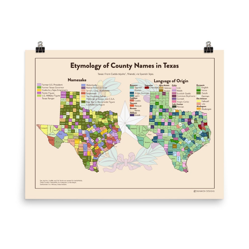 Texas USA County Name Etymology Poster - Etsy