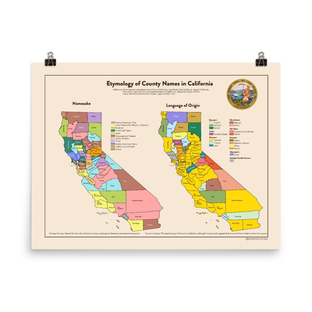 California USA County Name Etymology Poster - Etsy