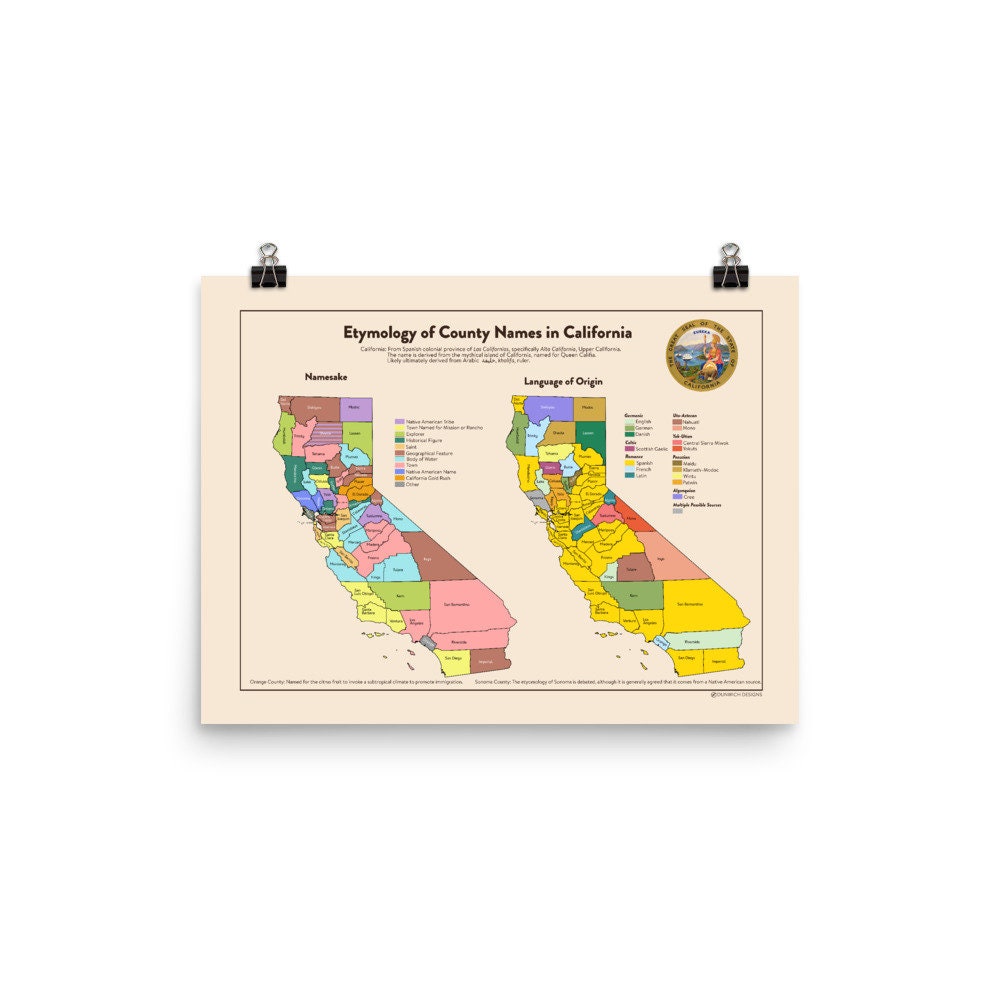 California USA County Name Etymology Poster - Etsy