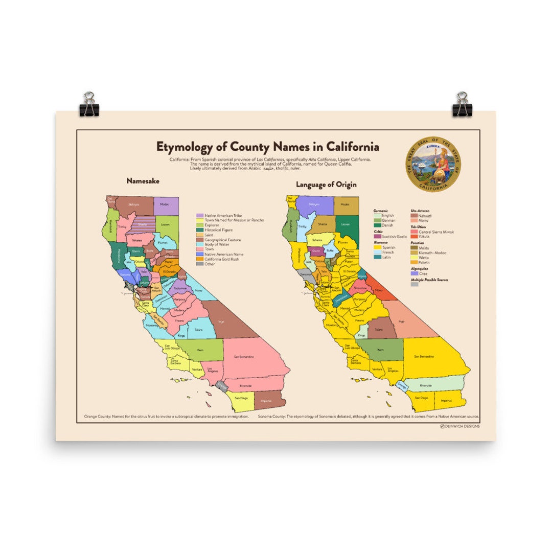 California USA County Name Etymology Poster - Etsy