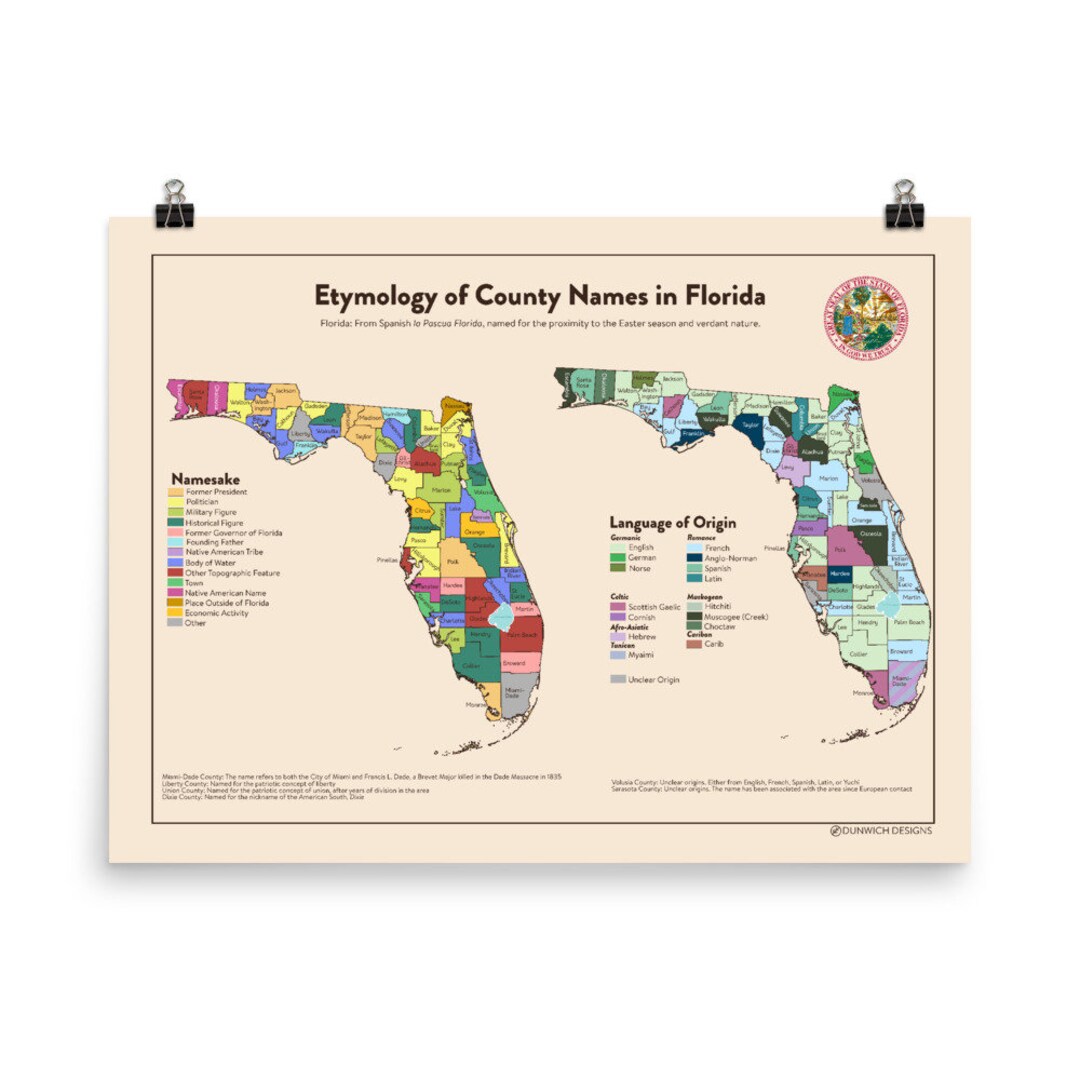Florida USA County Name Etymology Poster - Etsy