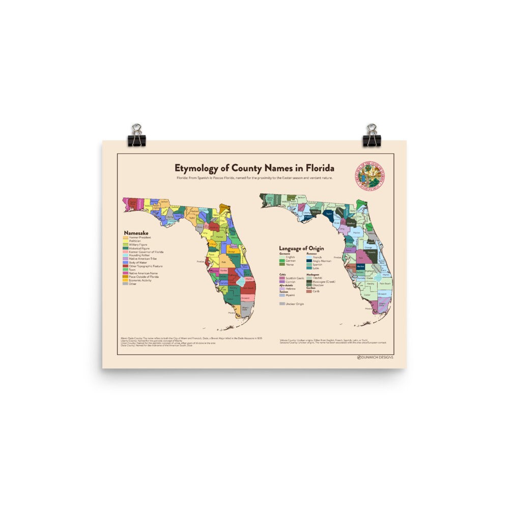 Florida USA County Name Etymology Poster - Etsy
