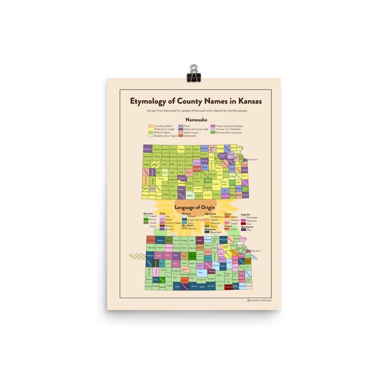 Kansas USA County Etymology Map Poster - Etsy