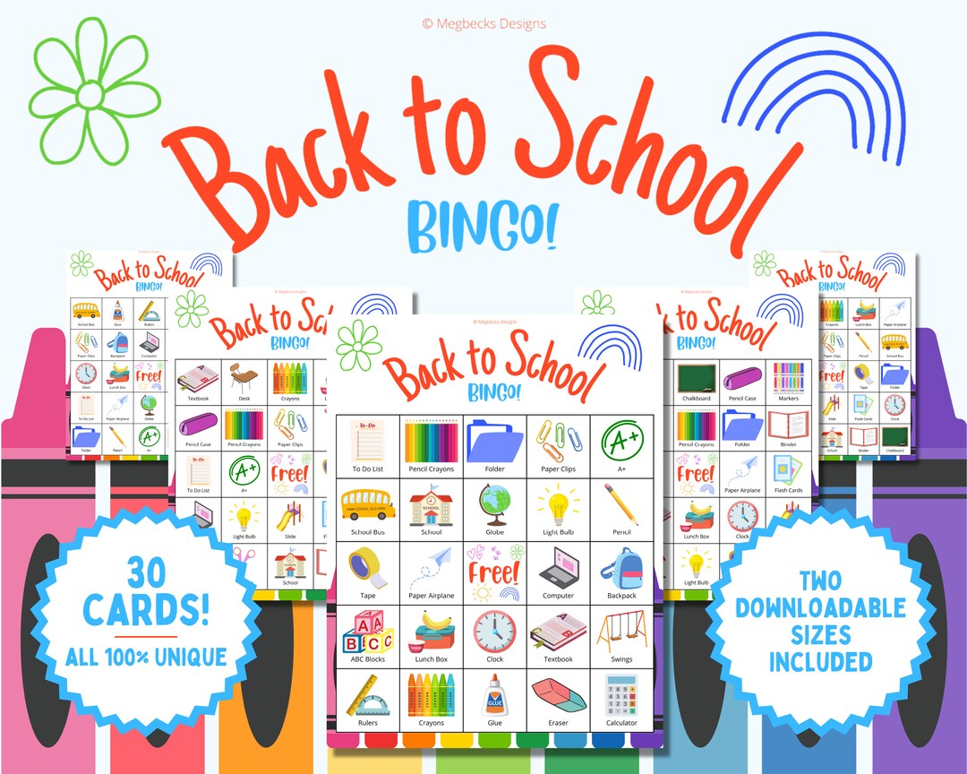 Back to School Bingo Cards for Kids! 30, 100% Unique Cards - Perfect ...