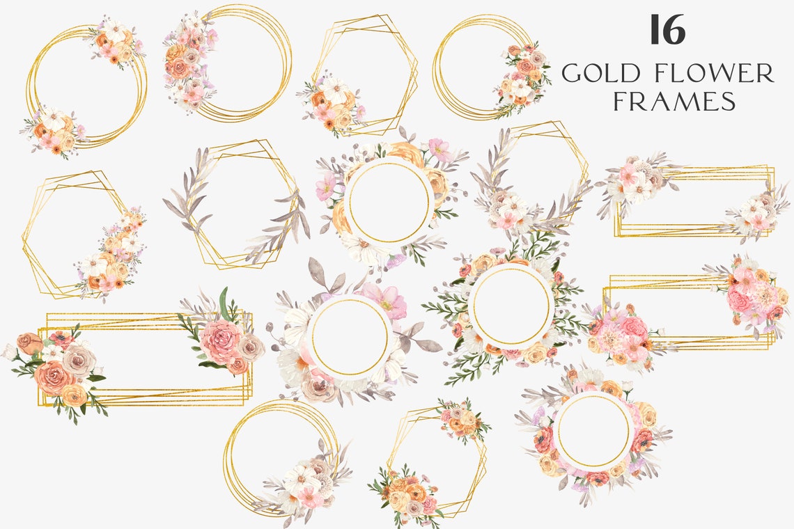 Watercolor Set of Gold Frames With Flowers. Golden Holiday - Etsy