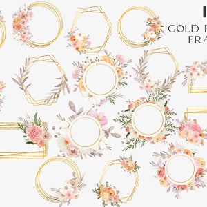 Watercolor Set of Gold Frames With Flowers. Golden Holiday Frames With ...