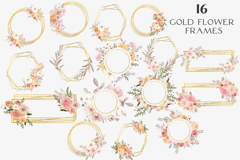 Watercolor Set of Gold Frames With Flowers. Golden Holiday - Etsy