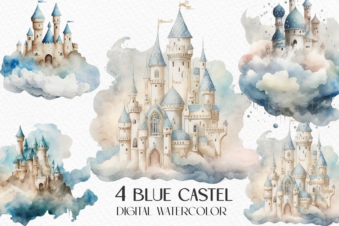 Watercolor Blue Castle on the Clouds. PNG Digital Clipart - Etsy