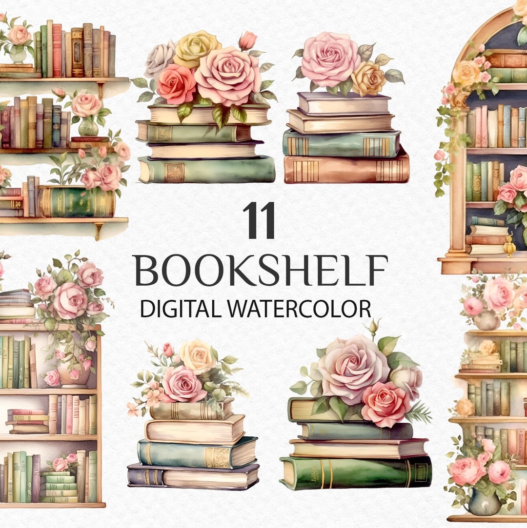 Watercolor Clipart Cute Books With Flowers Bookshelf Stack - Etsy UK