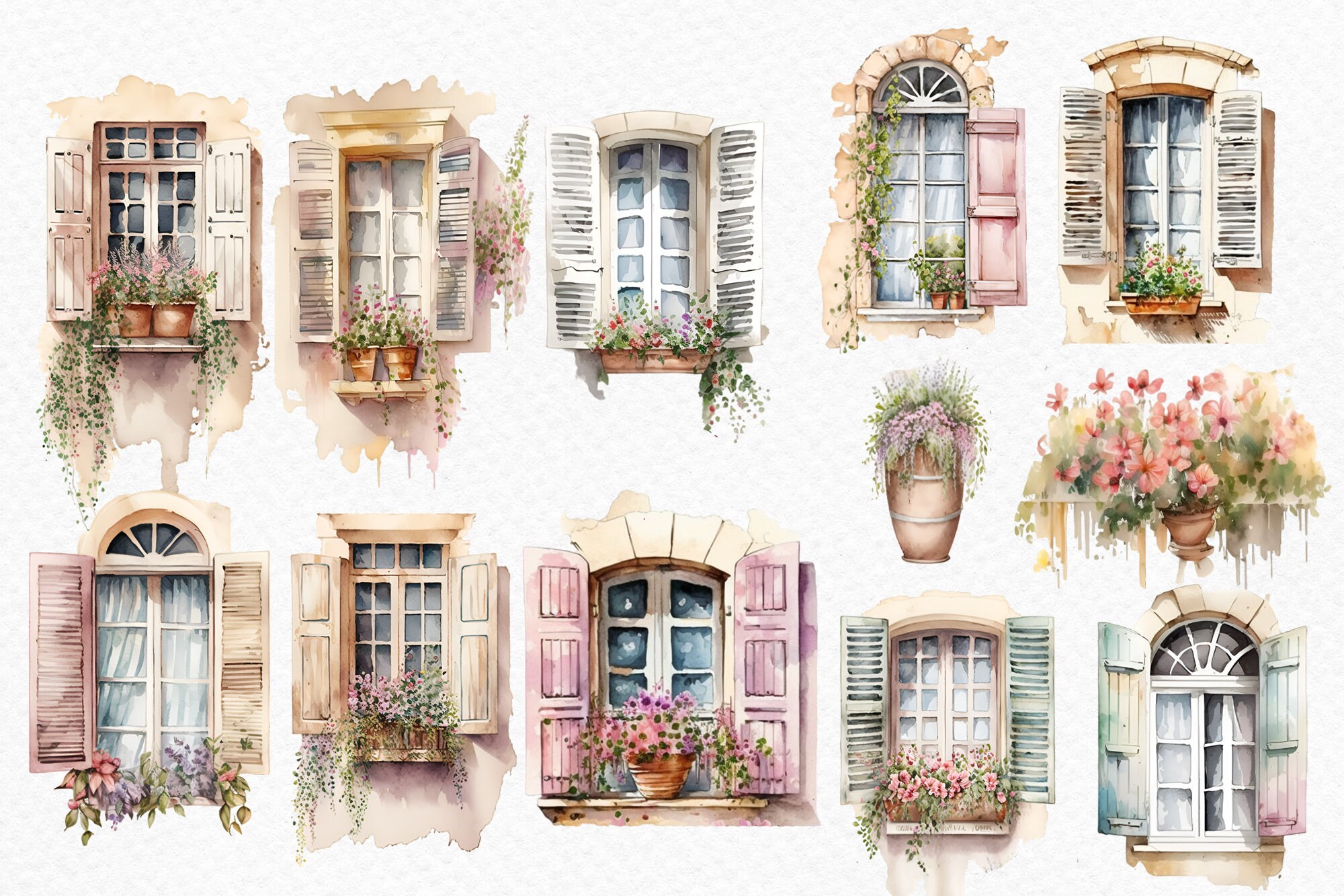 Watercolor Provence Streets, Watercolor Windows, Provence Windows ...