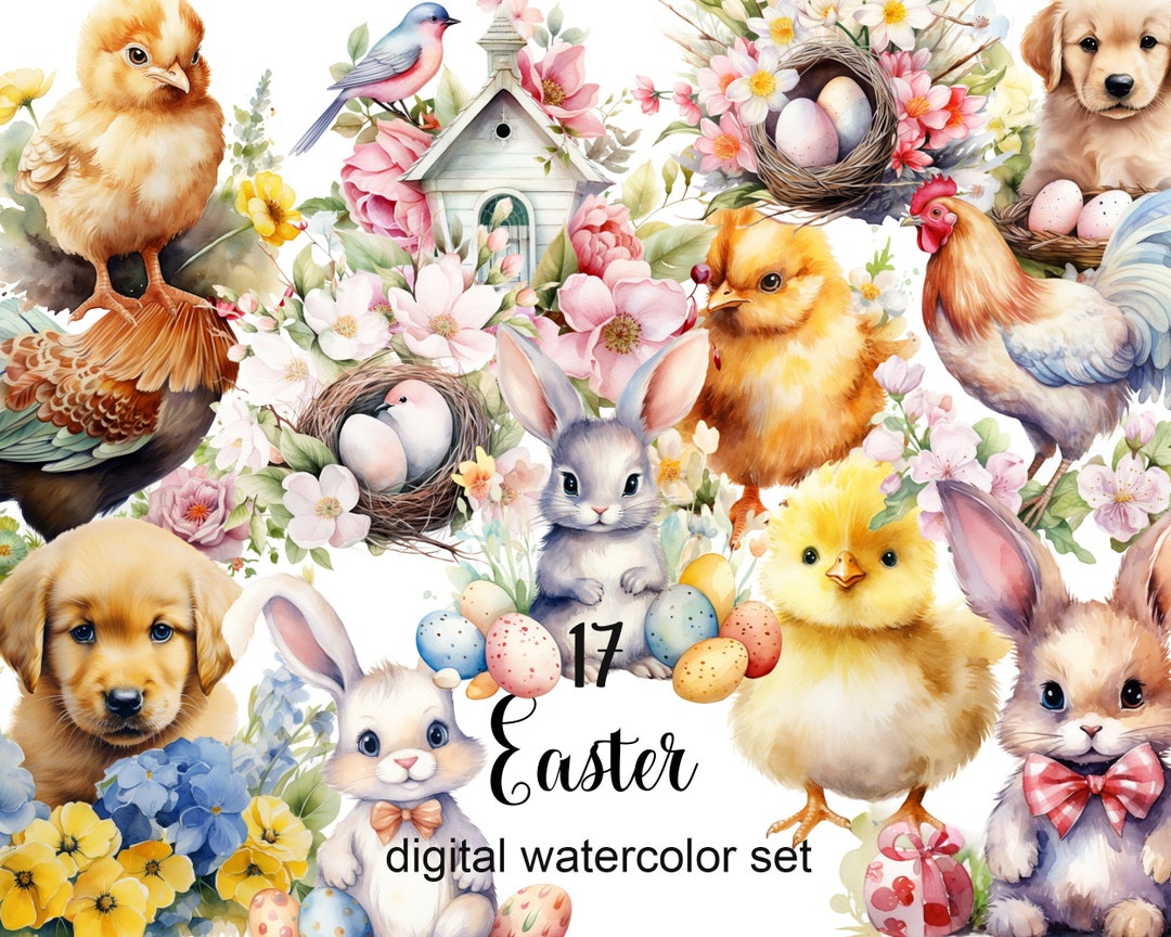 Easter Set Clipart Watercolor, Easter Chick, Easter Bunny, Easter ...