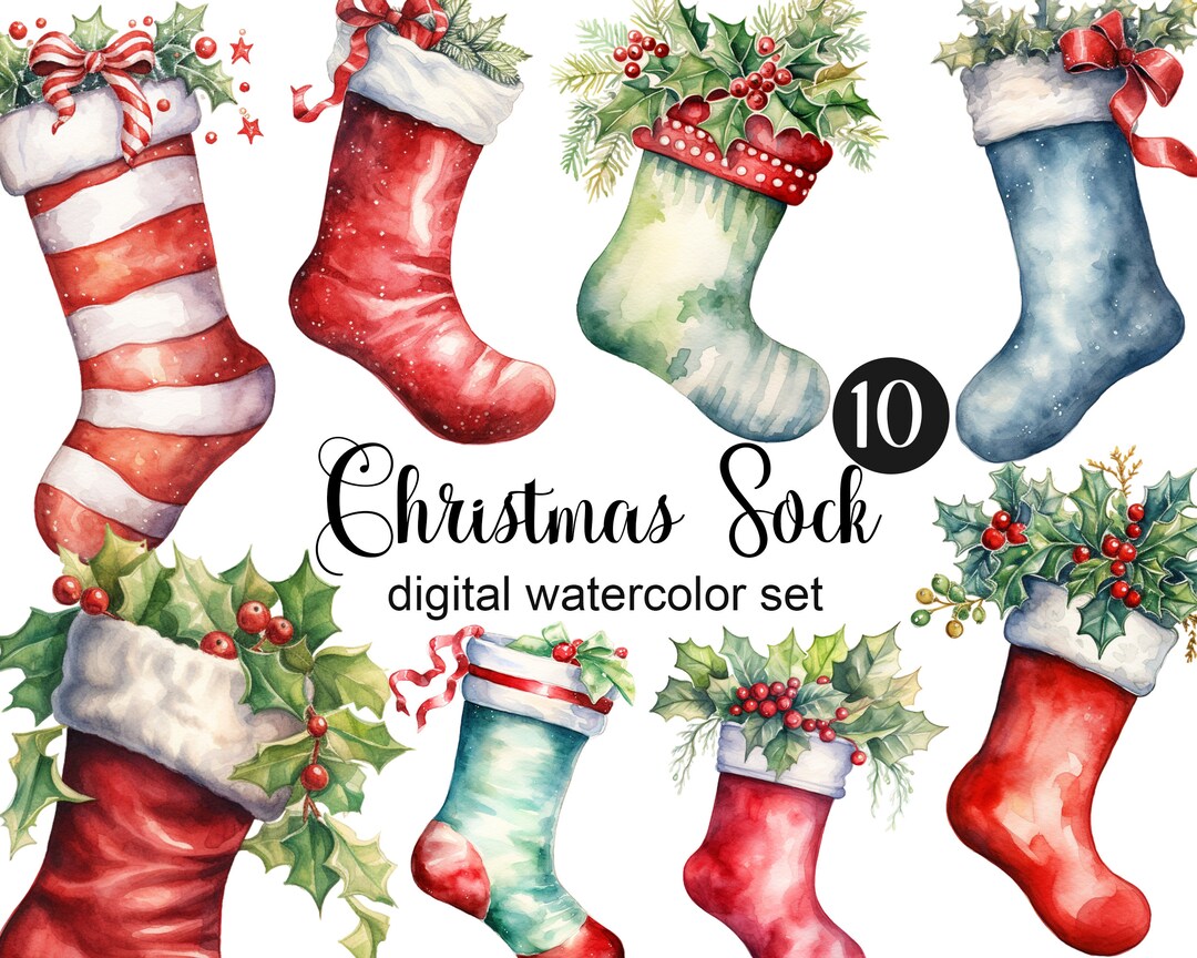 Watercolor Christmas Sock, Santa's Sock, Sock for Gifts, Christmas ...