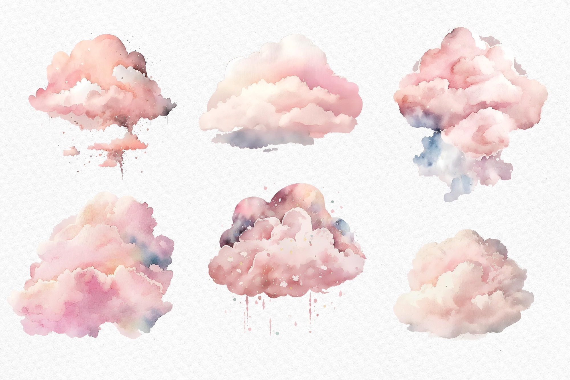 Watercolor Delicate Pink Clouds, Air Clouds, Pink Sky. Digital Clipart ...