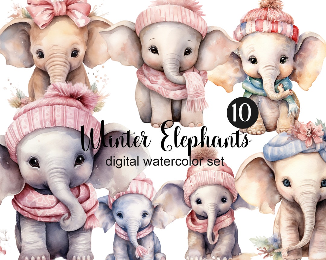Watercolor Cute Winter Elephant, Elephant Winter, Small Elephant, Pink ...