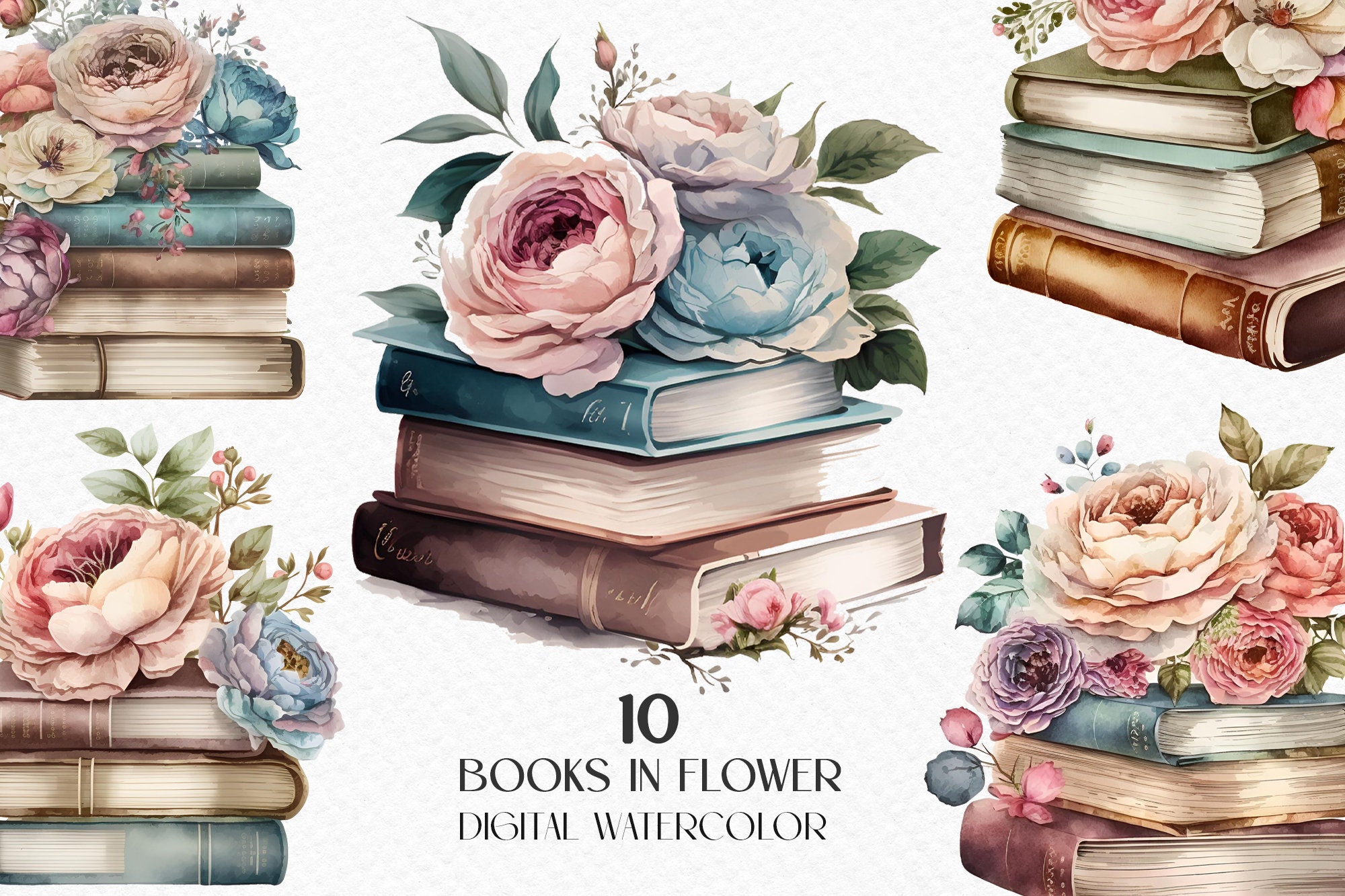 Watercolor Books With Flowers Spring Illustration Vintage - Etsy