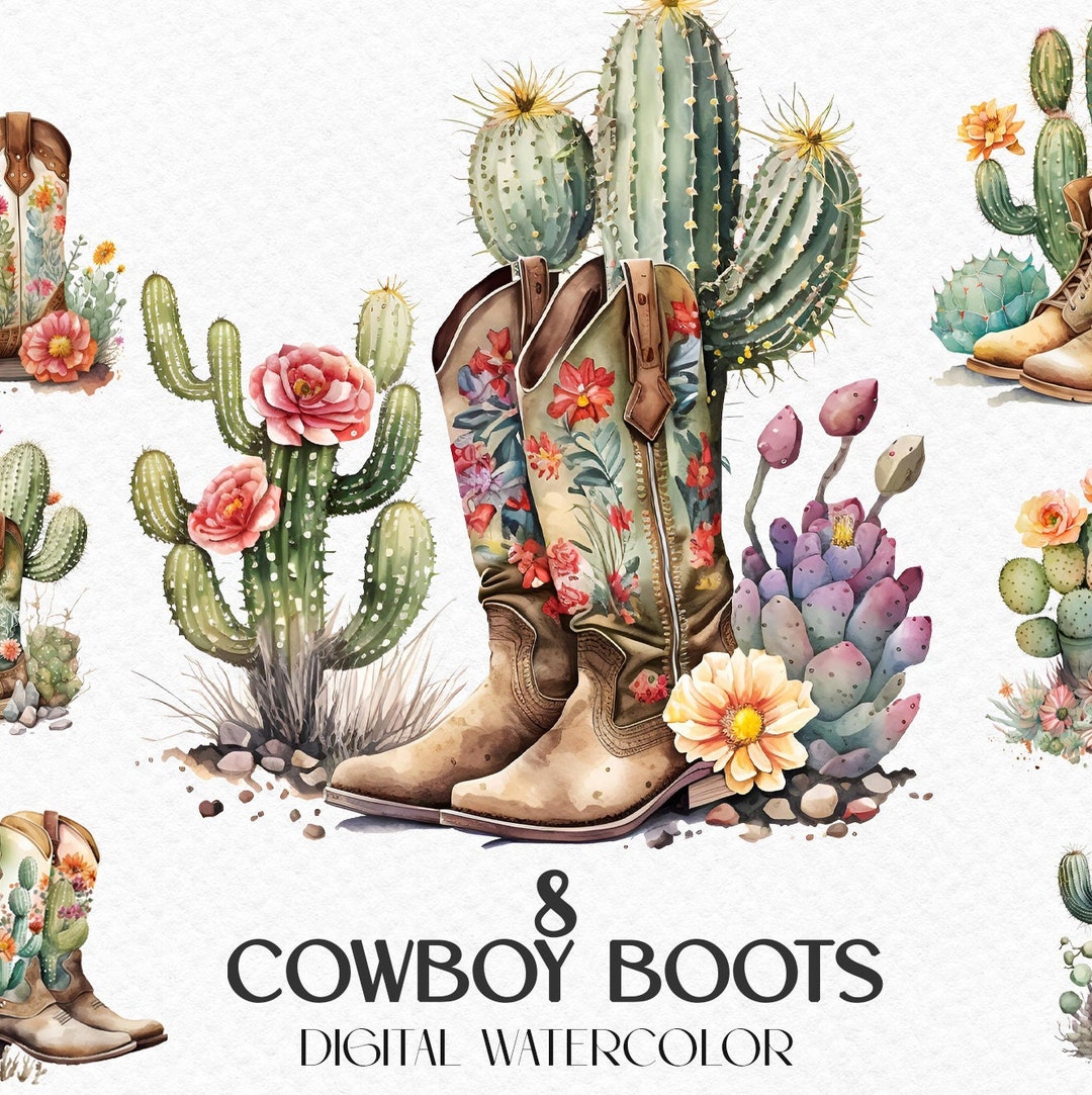 Watercolor Cowboy Boots With Cactus, Ranch, Desert, Shoes, Country ...