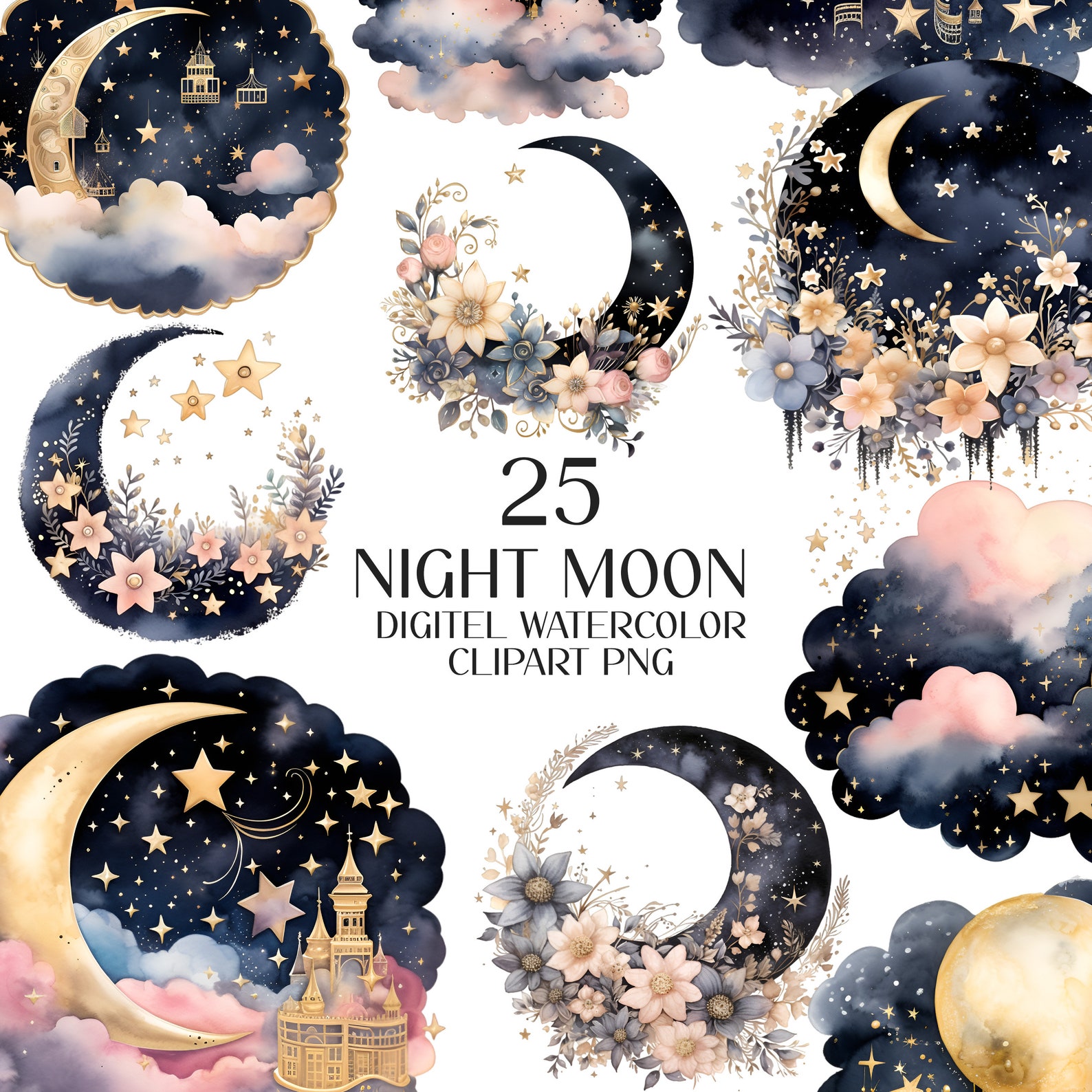 Watercolor Clipart Night Moon, Night Clouds, Sky Flowers, Golden Moon ...