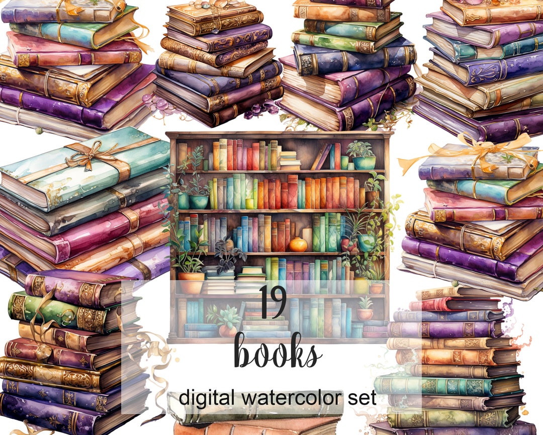 Watercolor Clipart Bookshelf Books Stack, Magic Book, Books Clipart Png ...