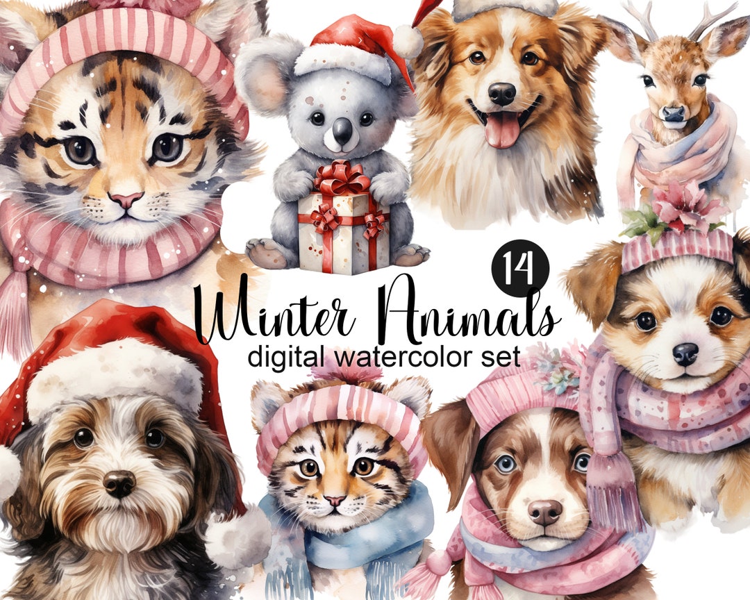 Watercolor Cute Winter Animals Christmas Clipart Png Animals - Etsy