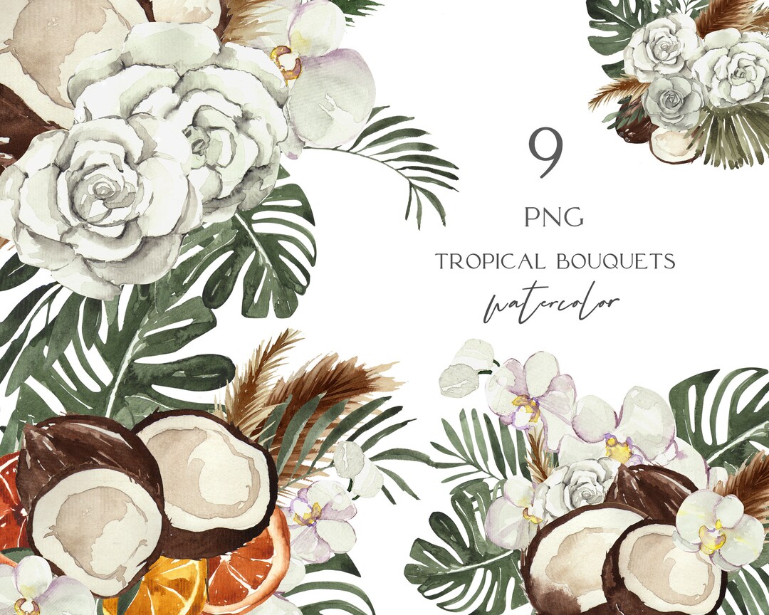 Tropical Bouquets With Flowers - Clipart, Watercolor Flower Bouquets ...