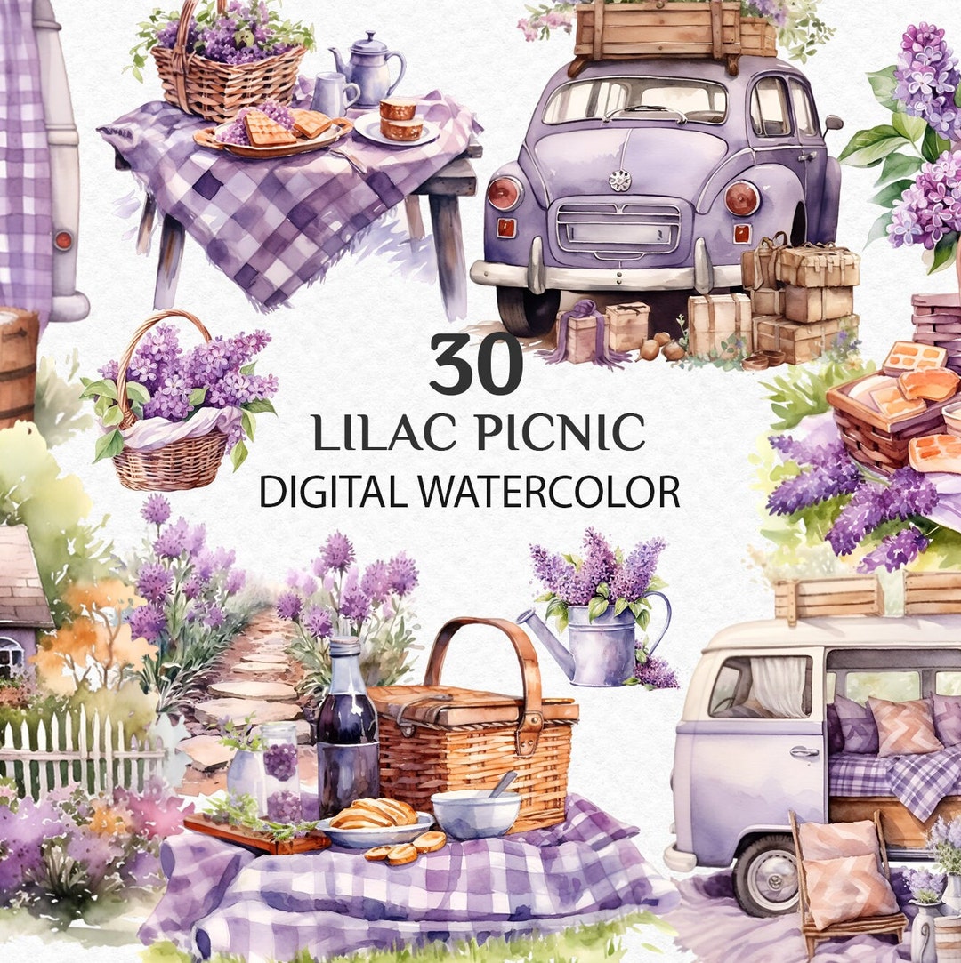 Watercolor clipart, cute picnic in nature, purple picnic, purple car ...