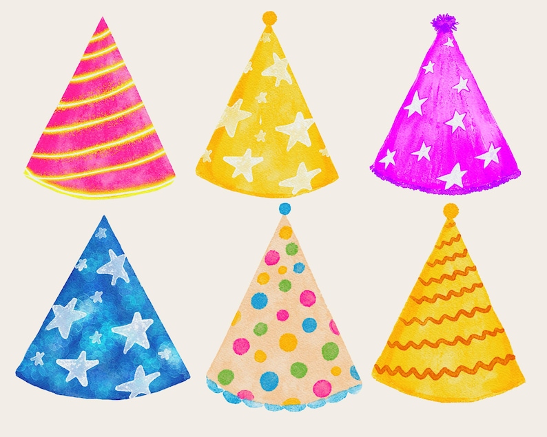 Watercolor Party Hats Clipart, Birthday Hats Clipart, Rainbow Clipart ...