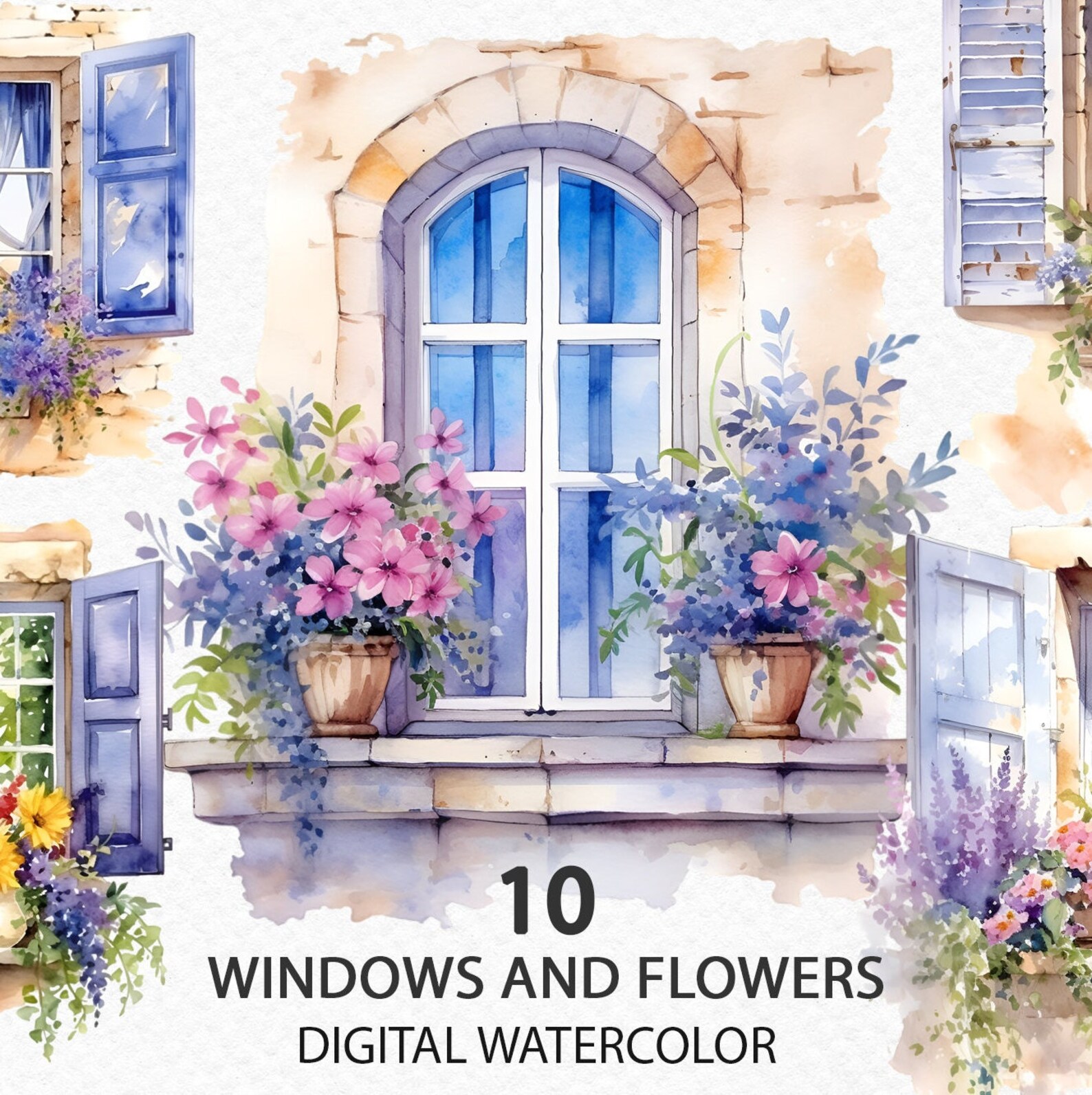 Watercolor Provence Streets, Watercolor Windows, Provence Windows ...