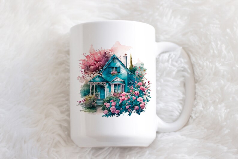 Watercolor Blue Houses With Pink Flowers Cottage Watercolor - Etsy