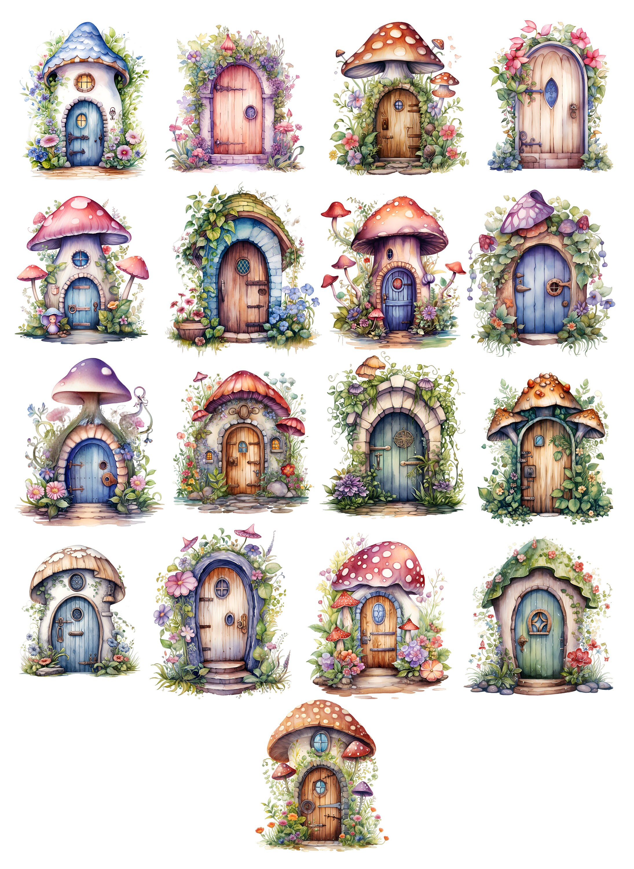 Watercolor Clipart, Fairy Doors, Fairy Forest Doors, Cute Wooden Doors ...