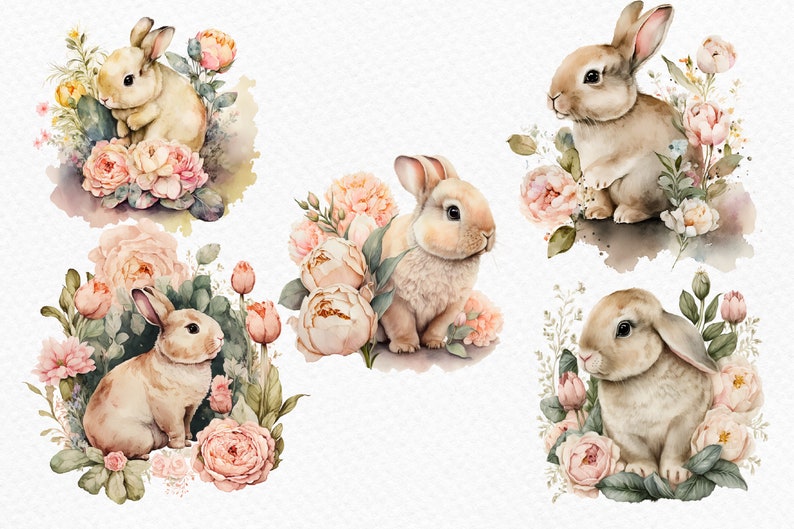 Watercolor Cute Bunnies With Flowers in Beige Color Spring - Etsy