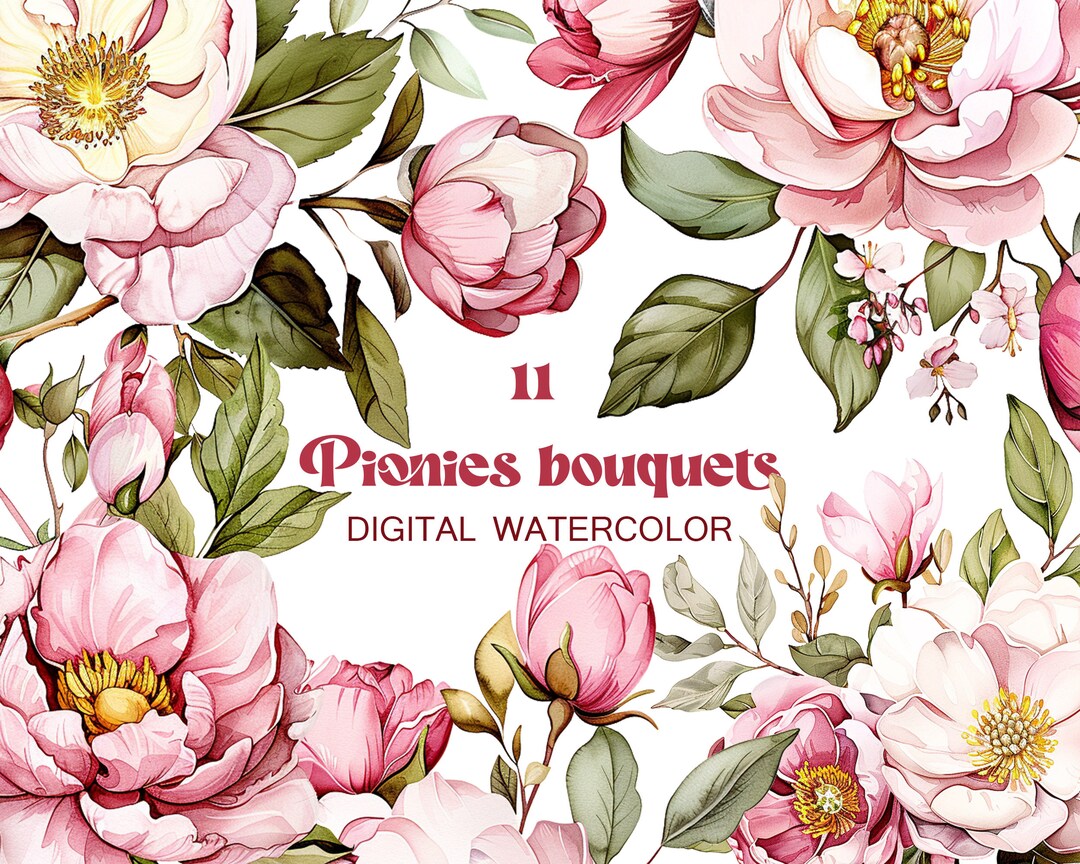 Watercolor Clipart, Pink Peony Bouquet, Flower Arrangement Png, Floral ...